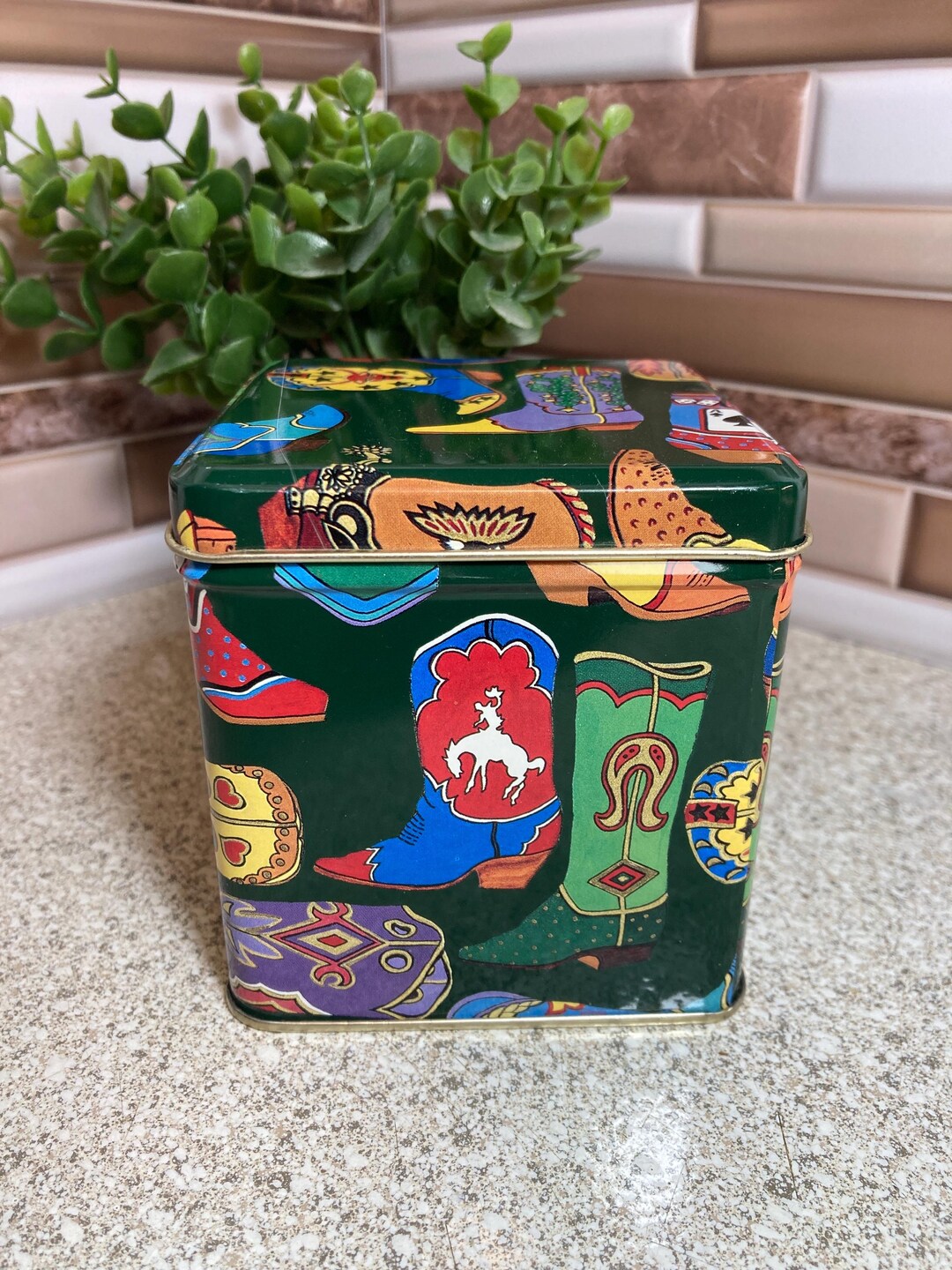 Vintage Dept 56 Tin Container With Lid Rodeo Cowboy Boots Western ...