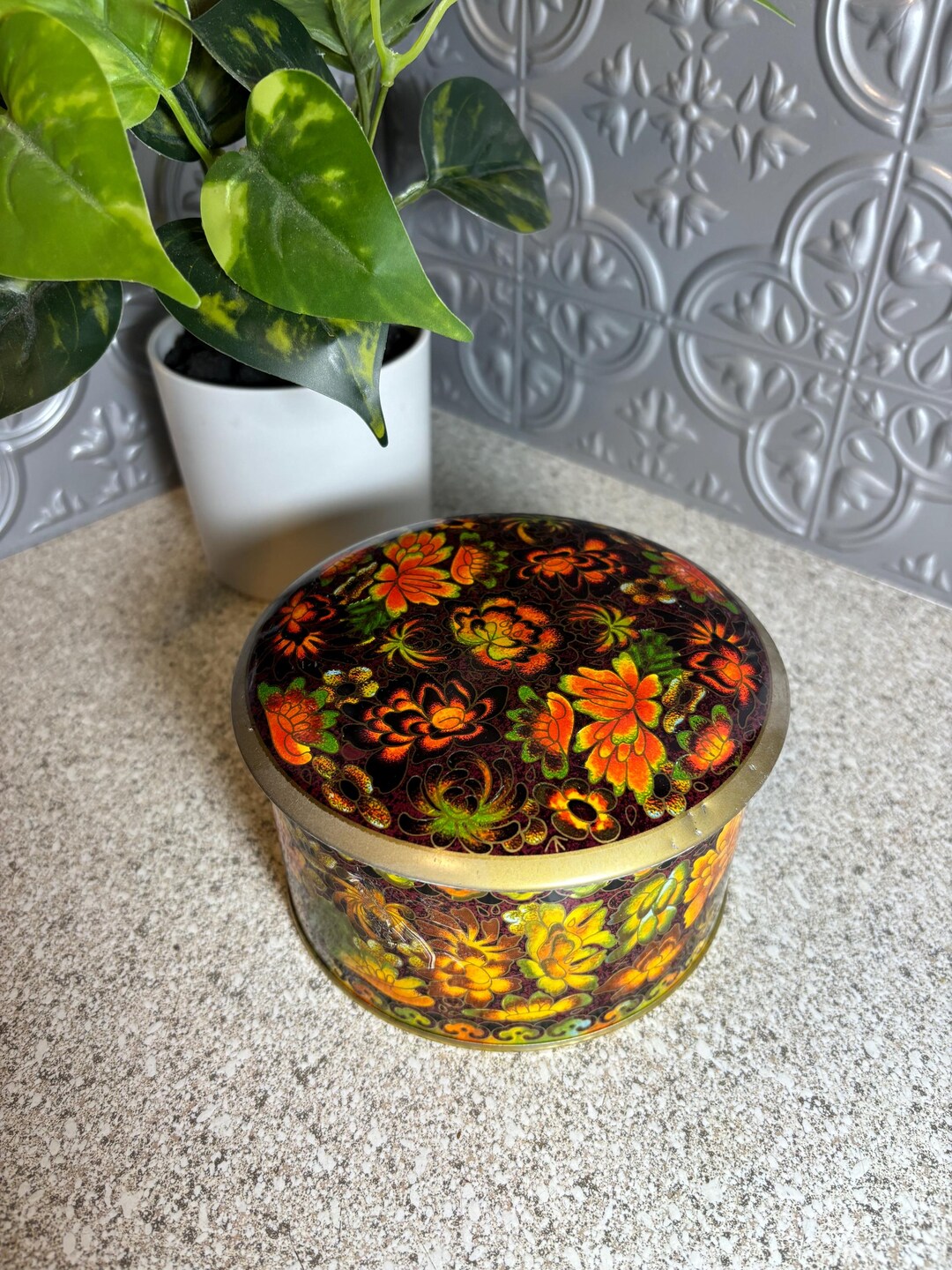 Vintage Daher Tea Tin Container With Lid 1960s Fall Colors Dark Brown ...