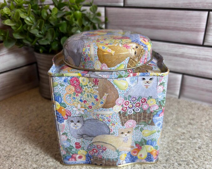 Vintage Cat Tin With Lid Decorative Tea Tin With Lots of Kittens Cats ...