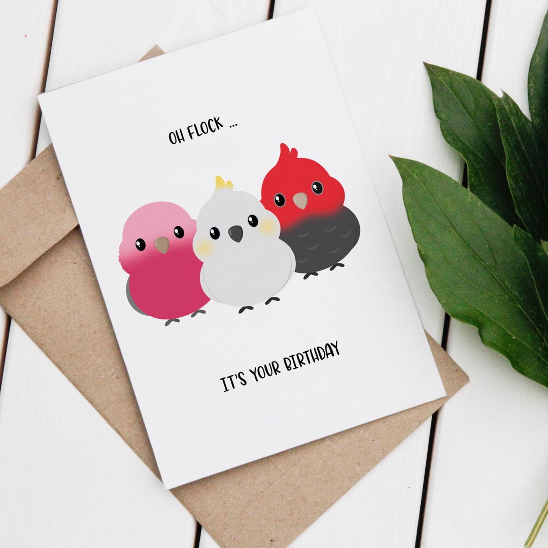 Oh Flock Birthday Card | Kawaii Cockatoos | Handmade Birthday Card ...