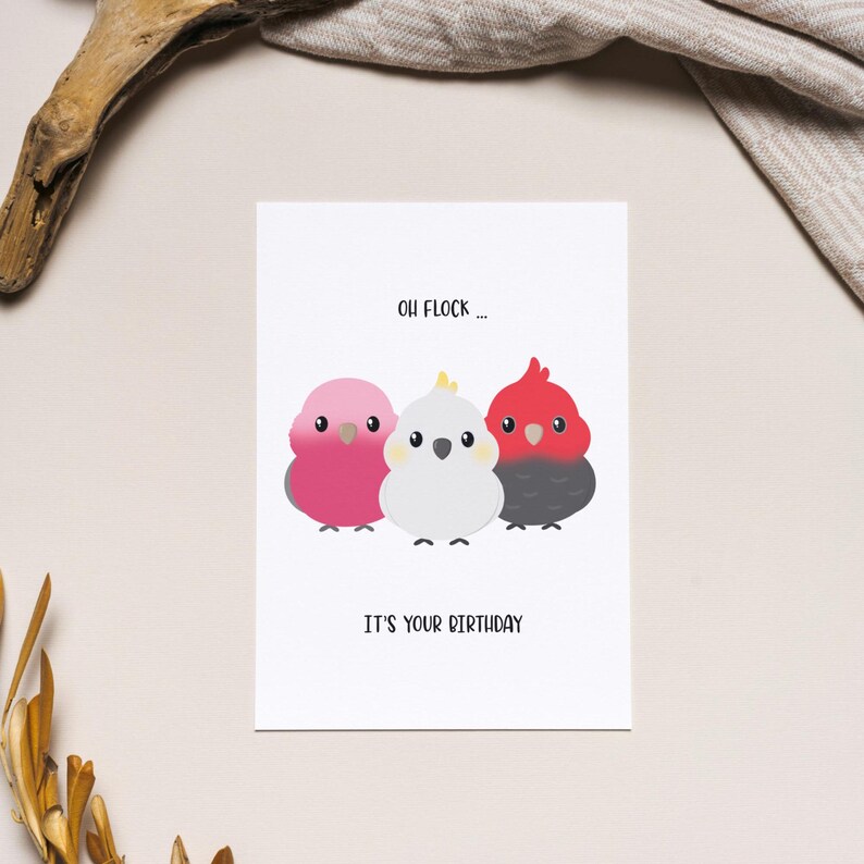 Oh Flock Birthday Card | Kawaii Cockatoos | Handmade Birthday Card ...