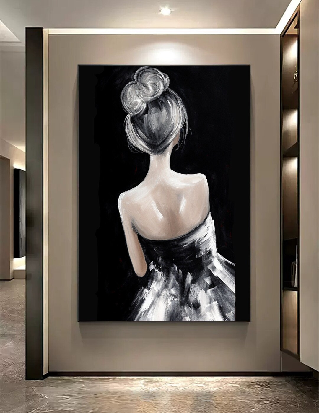 Beautiful Girl Back View Painting Canvas Woman in Black Dress Original ...