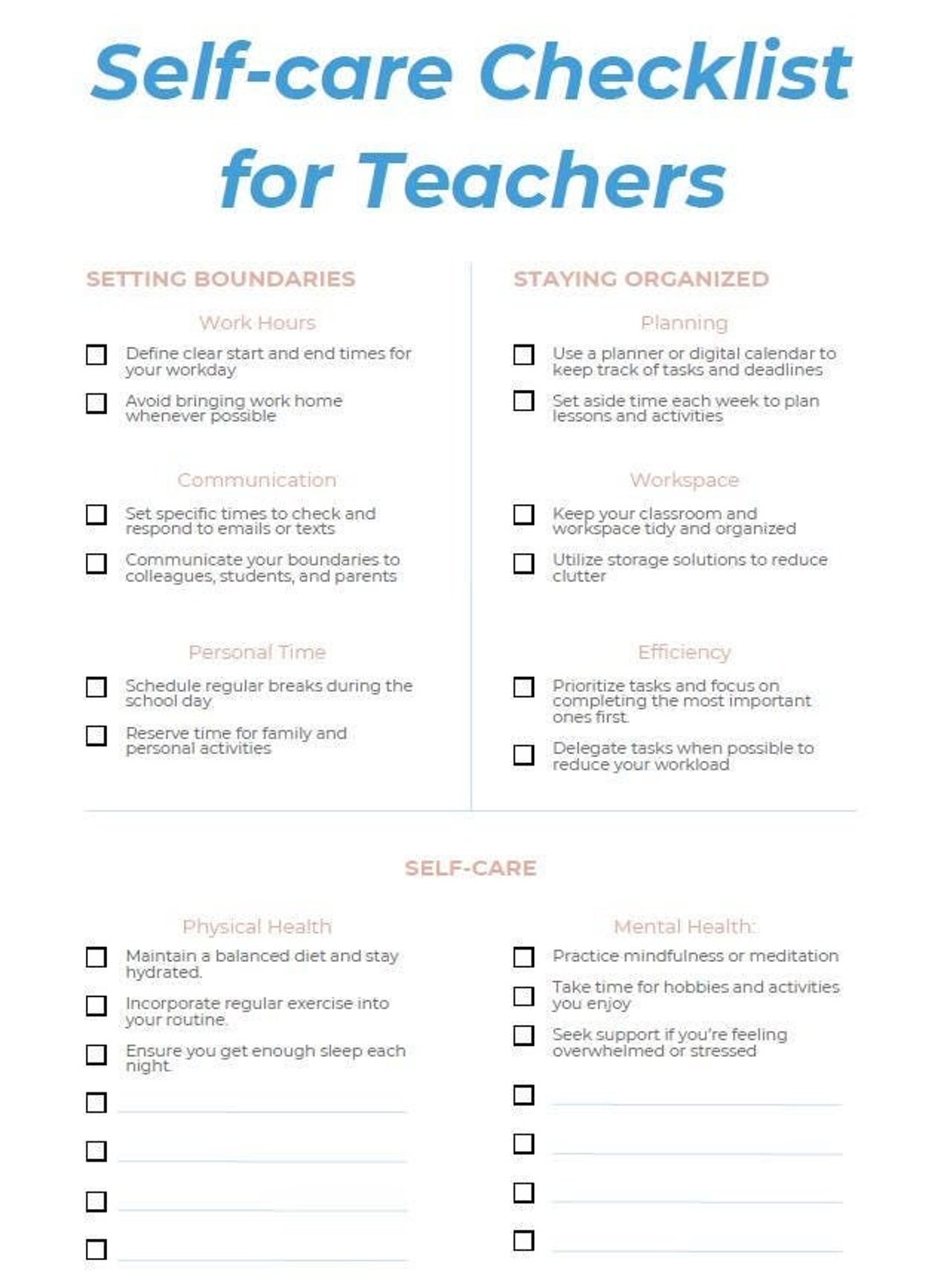 Self Care Checklist for Teachers - Etsy