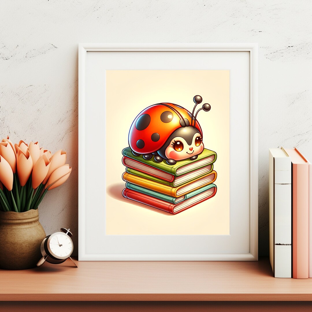 Cute Ladybug on Textbooks Printable Wall Art Digital Art Instant ...