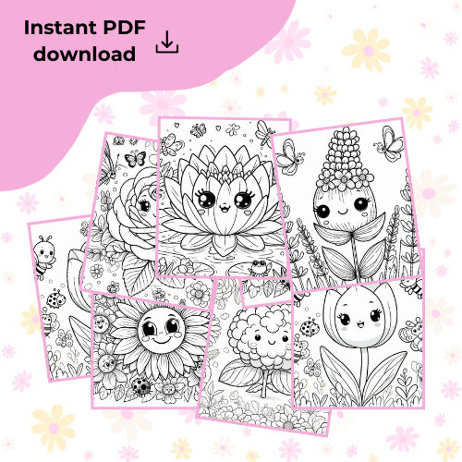 6 Kawaii Flowers Coloring Pages | Kawaii Coloring Book | Cute Kawaii ...