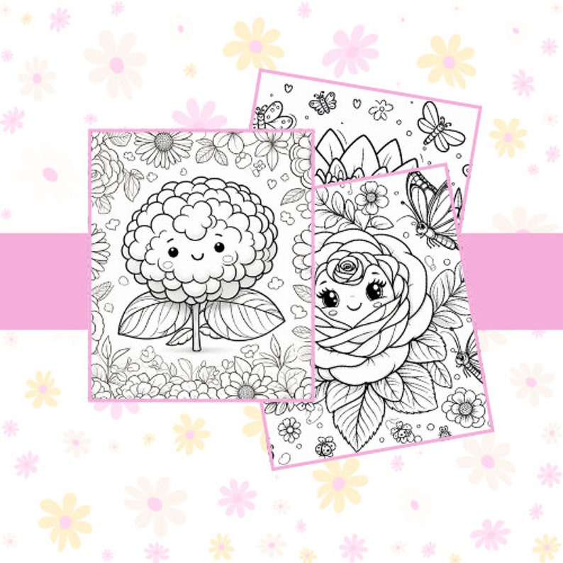 6 Kawaii Flowers Coloring Pages | Kawaii Coloring Book | Cute Kawaii ...