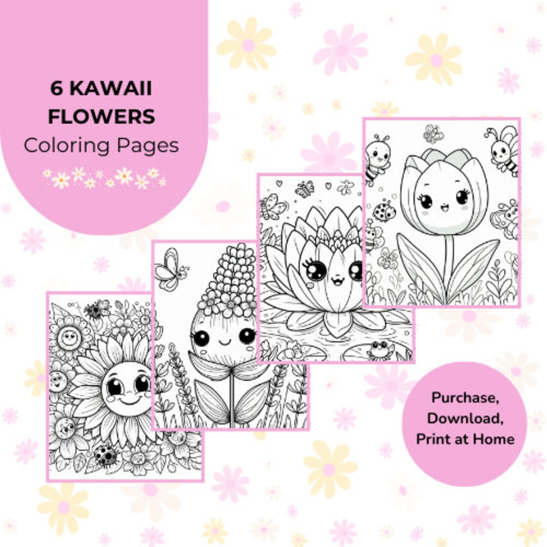 6 Kawaii Flowers Coloring Pages | Kawaii Coloring Book | Cute Kawaii ...