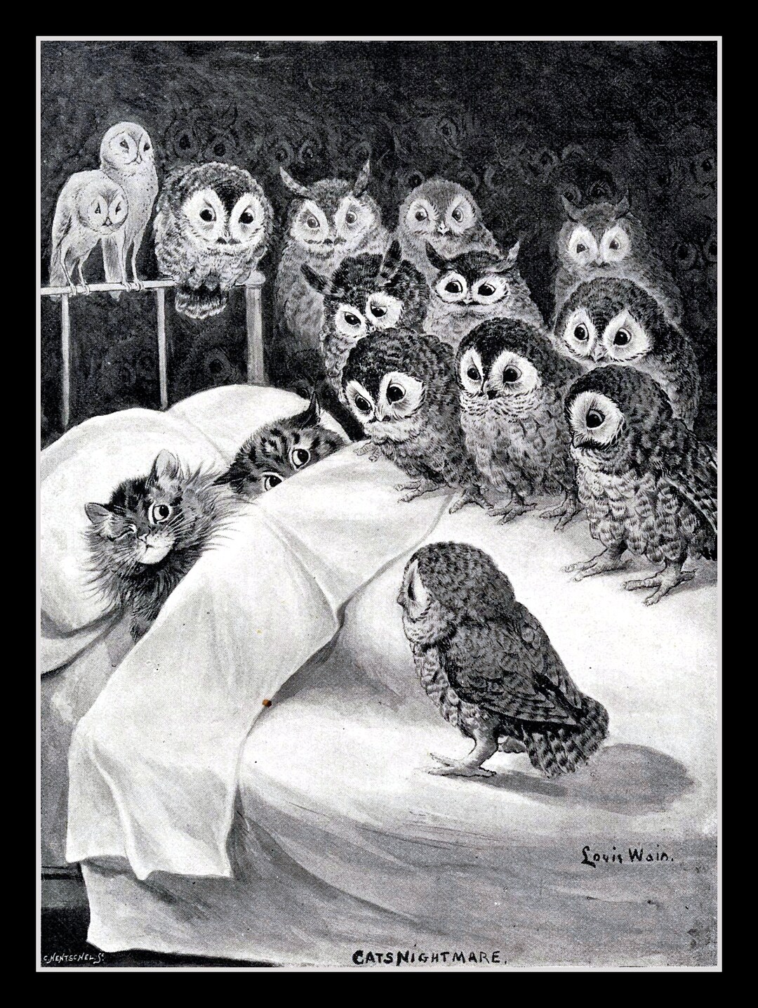 Cat's Nightmare of Owls Visiting by Lois Wain Large Refrigerator Magnet ...