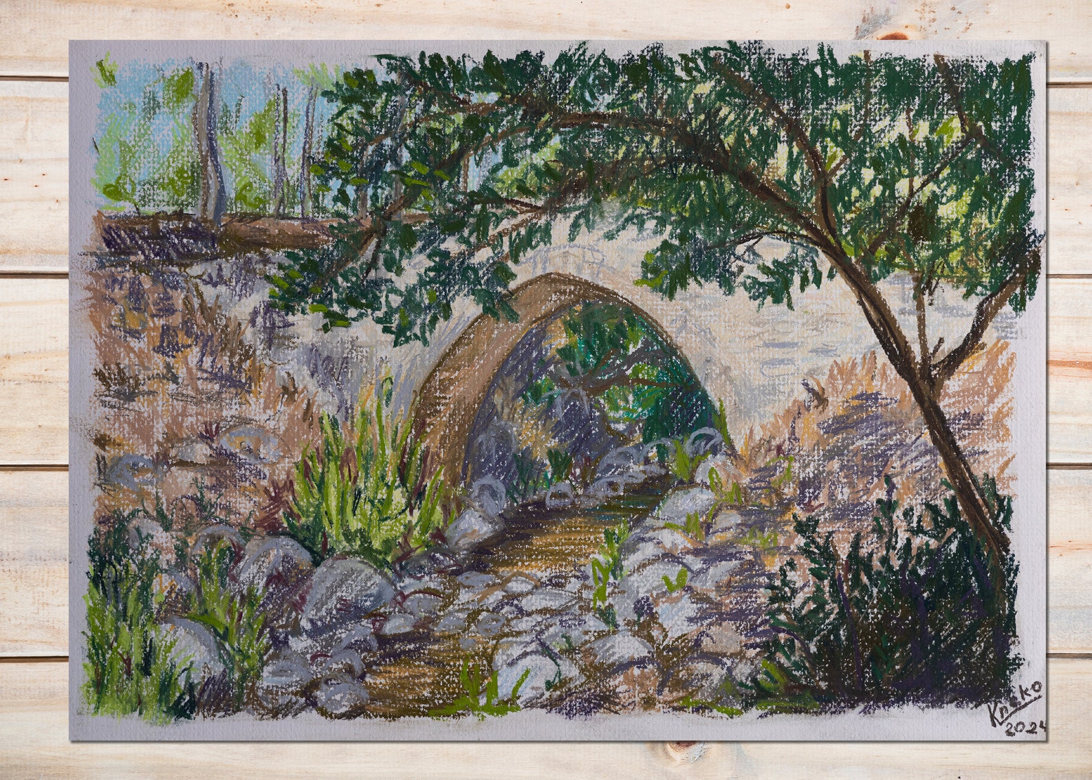 The White Bridge. Pastel Painting on Paper, Landscape, Nature of Cyprus ...