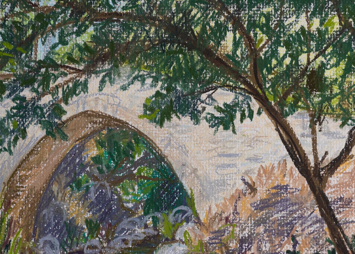 The White Bridge. Pastel Painting on Paper, Landscape, Nature of Cyprus ...