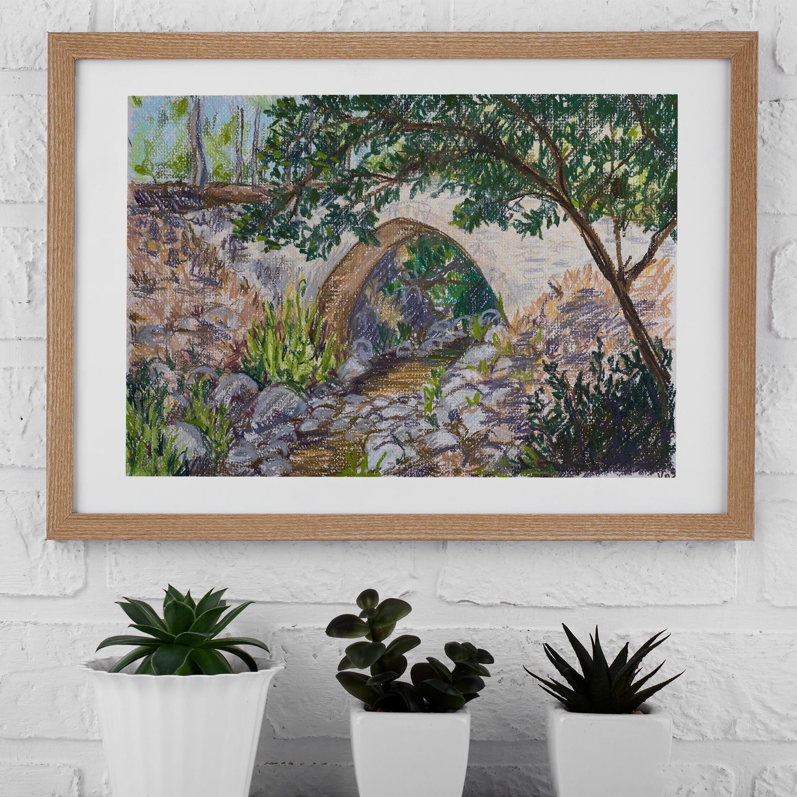 The White Bridge. Pastel Painting on Paper, Landscape, Nature of Cyprus ...
