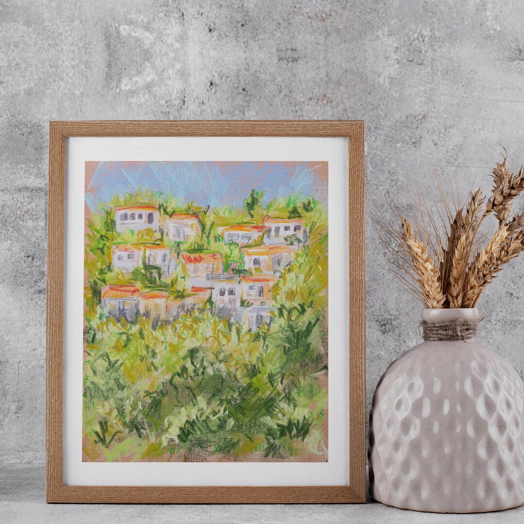 Mountain Village. Pastel Painting on Paper, Landscape, Nature of Cyprus ...