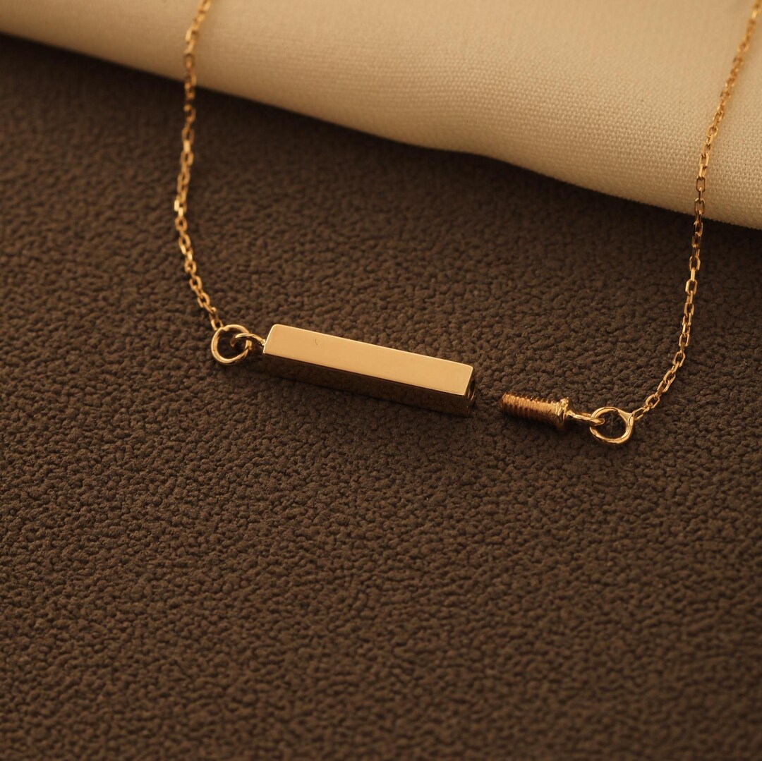 14K Solid Gold Bar Urn Necklace,vertical Bar Human Ash Holder Pendant ...