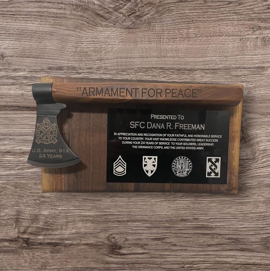 Custom Engraved Mounted Hatchet | Axe Award on Black Walnut | Custom ...
