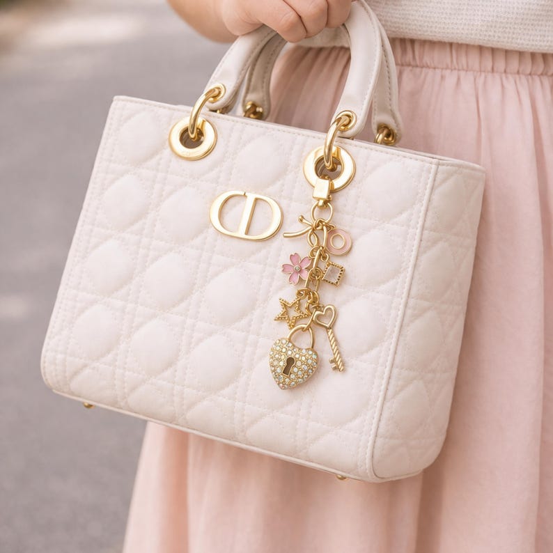 Pink Coquette Bag Charm Personalized Heart Keychain Gold Bow Purse or ...