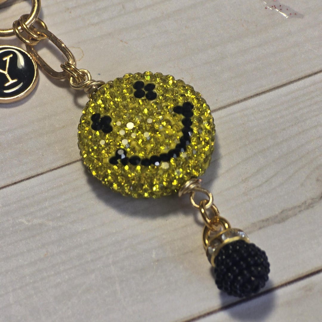 Emoji Keychain, Smiley Face Bag Charm, Glitter Purse Accessory, Yellow ...