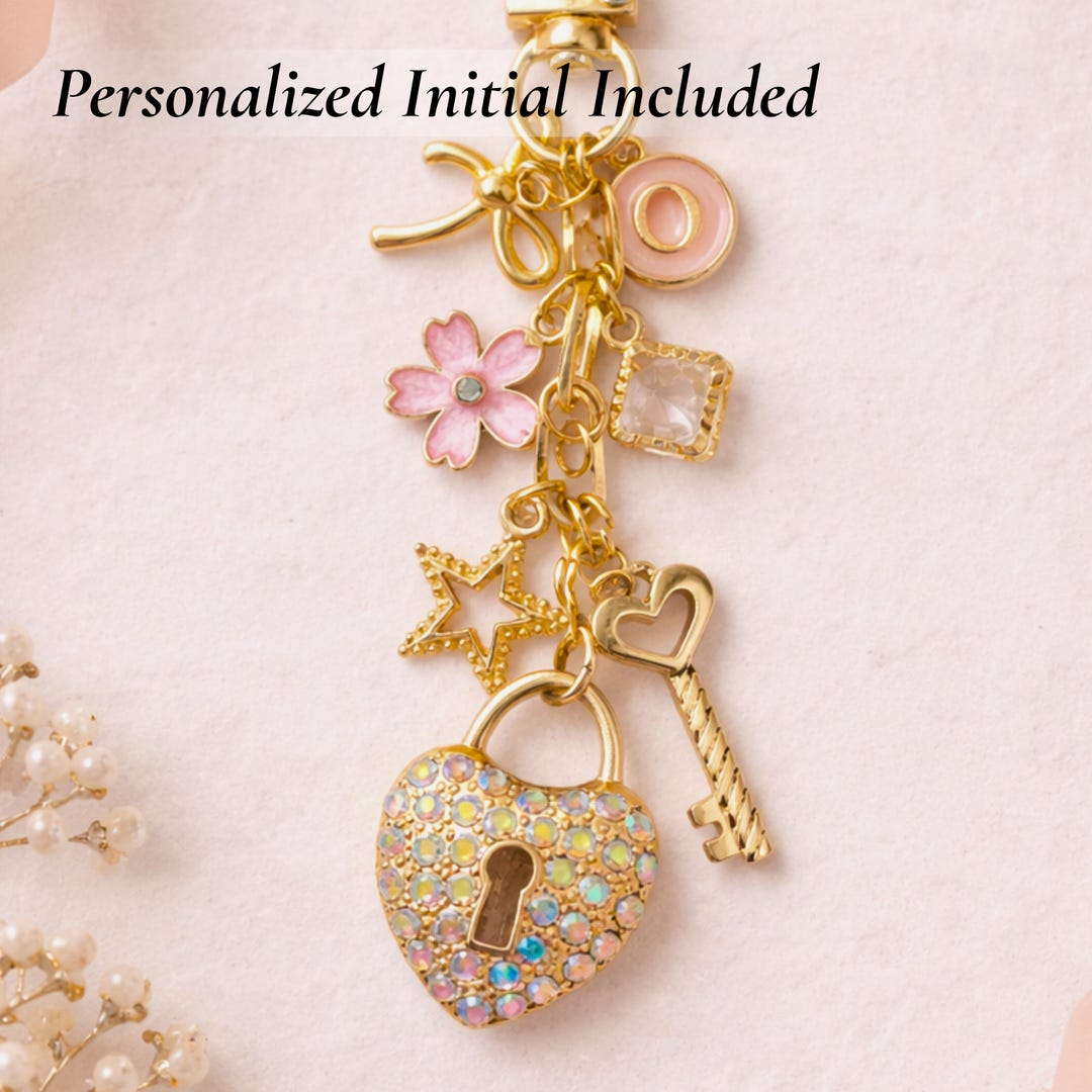 Pink Coquette Bag Charm Personalized Heart Keychain Gold Bow Purse or ...