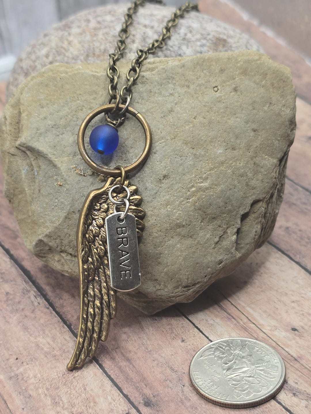 Brave Wing Charm Necklace Aged Brass, 20", Strength, Solidarity, Sister ...