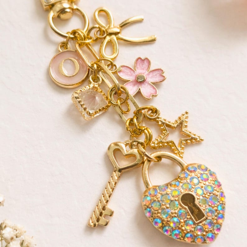 Pink Coquette Bag Charm Personalized Heart Keychain Gold Bow Purse or ...