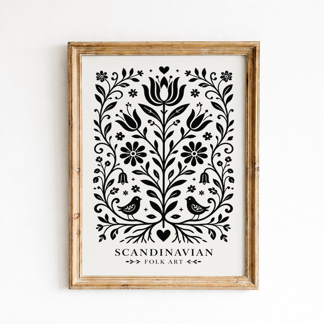 Scandinavian Folk Art Print Nordic Floral Bird Wall Decor - Etsy