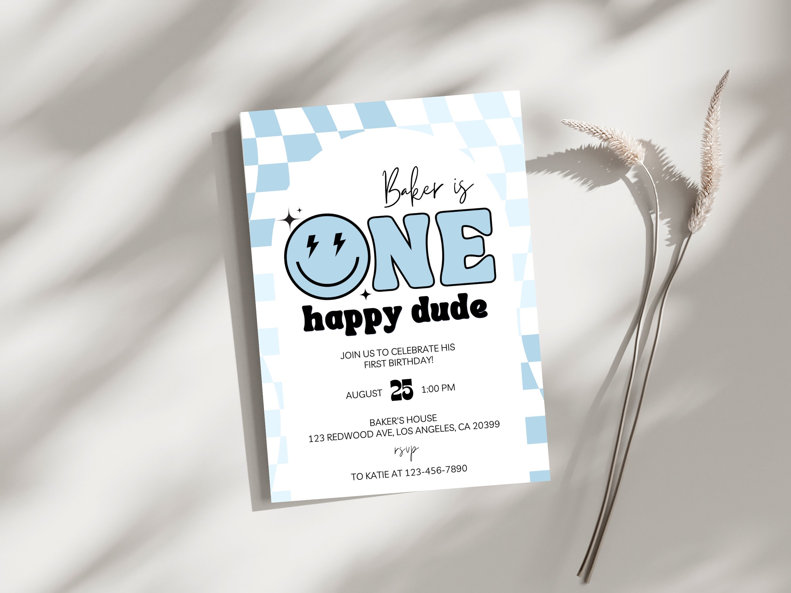 One Happy Dude Birthday Invitation Smiley Face Invitation Blue Retro ...