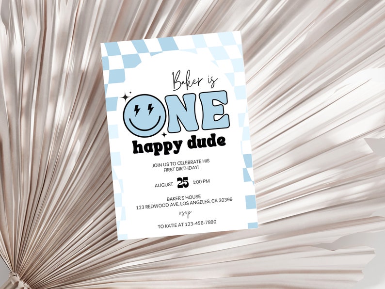 One Happy Dude Birthday Invitation Smiley Face Invitation Blue Retro ...