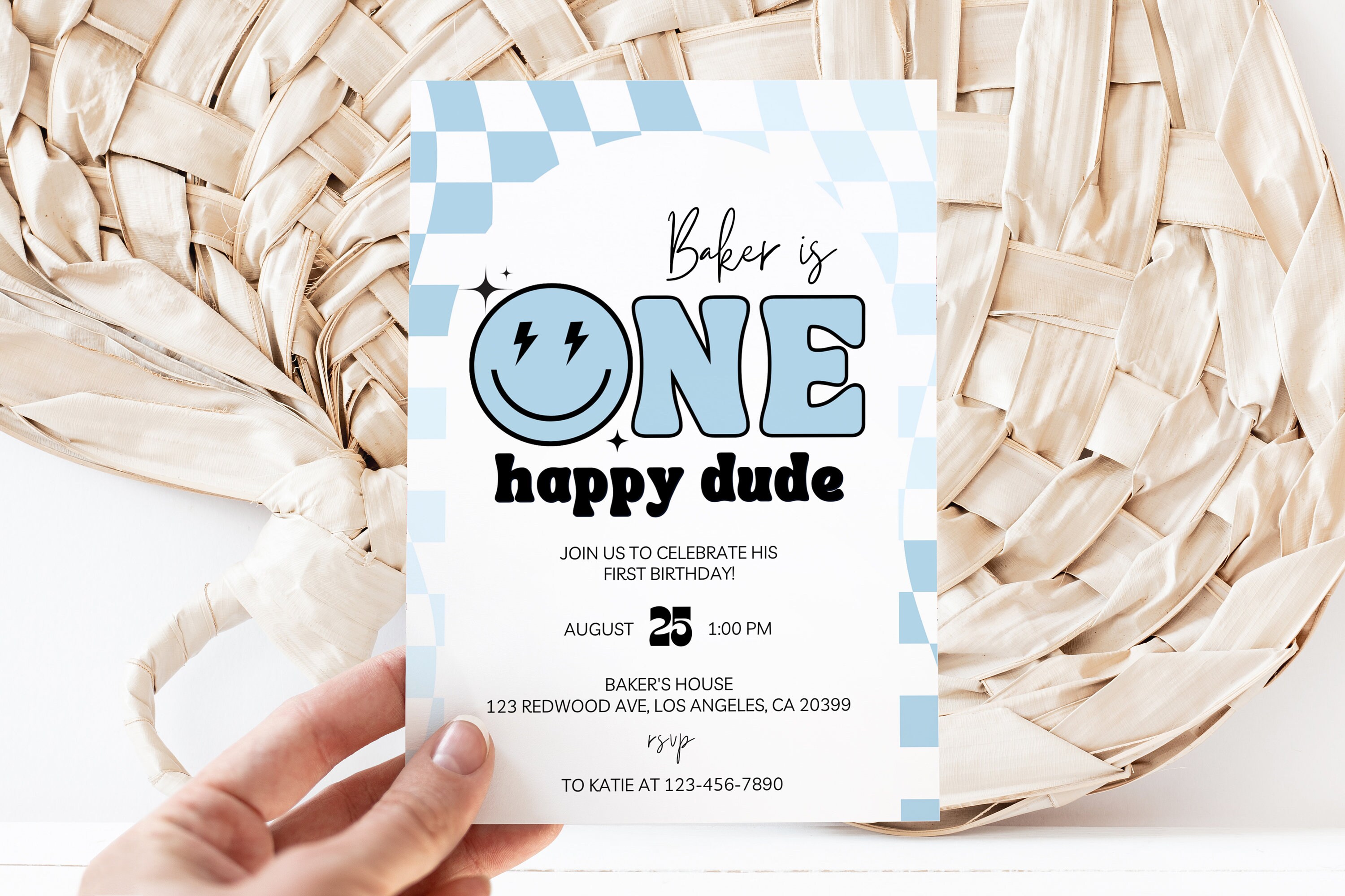 One Happy Dude Birthday Invitation Smiley Face Invitation Blue Retro ...