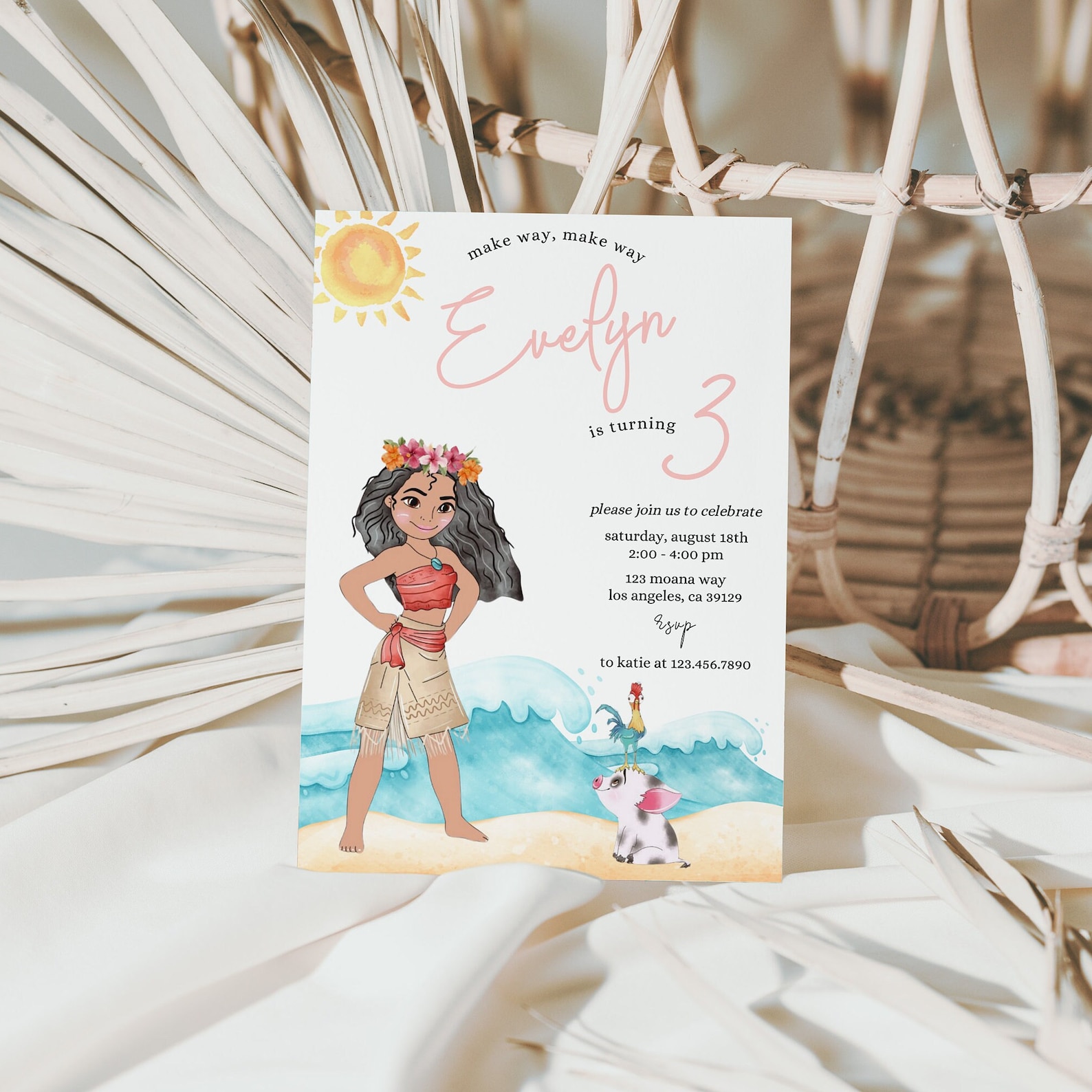 Moana Birthday Invitation, Summer Moana Invite, Watercolor Heihei Ocean ...