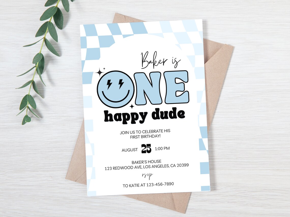 One Happy Dude Birthday Invitation Smiley Face Invitation Blue Retro ...