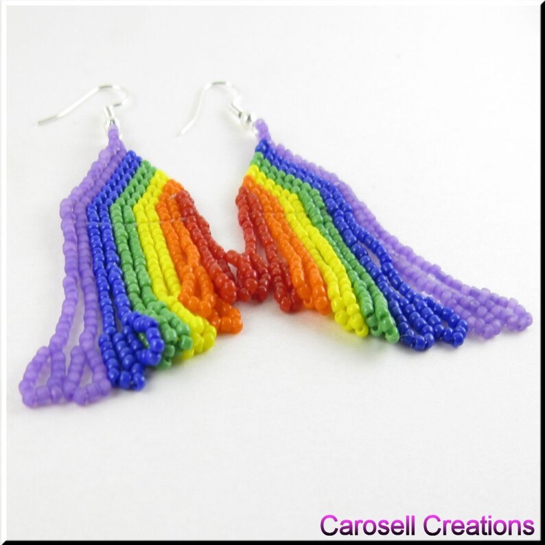 Rainbow Pride Beadwork Dangle Fringe Seed Bead Earrings Etsy
