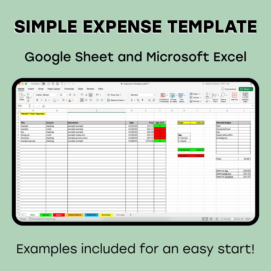 Simple Expense Tracker Template - Google Sheets & Excel (digital ...