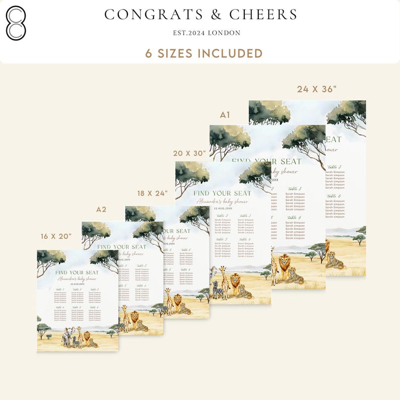 Editable Safari Baby Shower Seating Chart Template - Safari Animal Seat ...