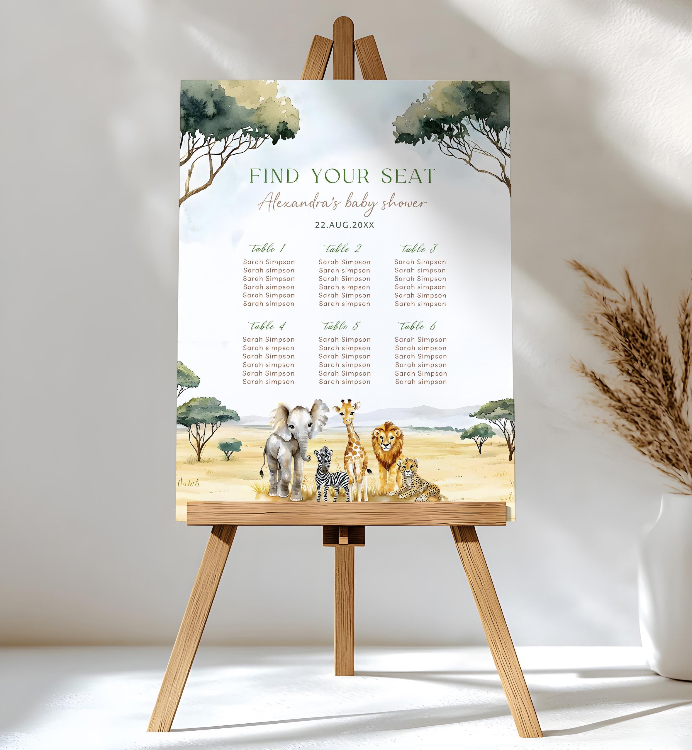 Editable Safari Baby Shower Seating Chart Template - Safari Animal Seat ...