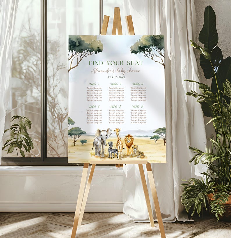 Editable Safari Baby Shower Seating Chart Template - Safari Animal Seat ...