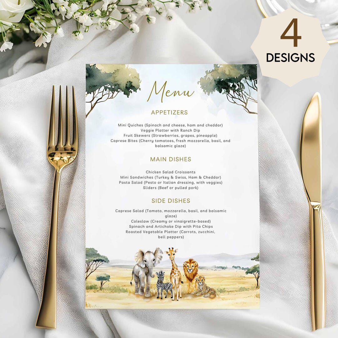 Editable Safari Shower Menu Template - Printable Menu Cards for Baby ...