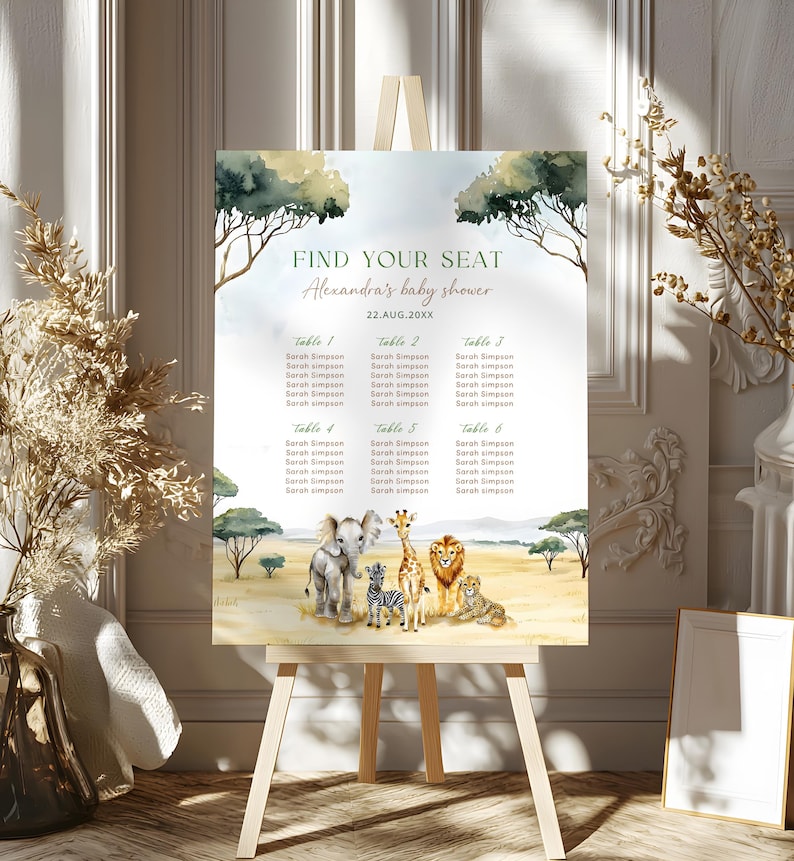 Editable Safari Baby Shower Seating Chart Template - Safari Animal Seat ...
