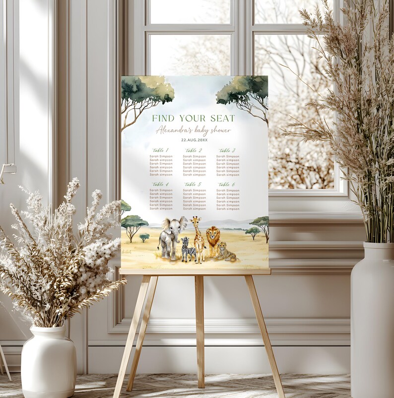 Editable Safari Baby Shower Seating Chart Template - Safari Animal Seat ...