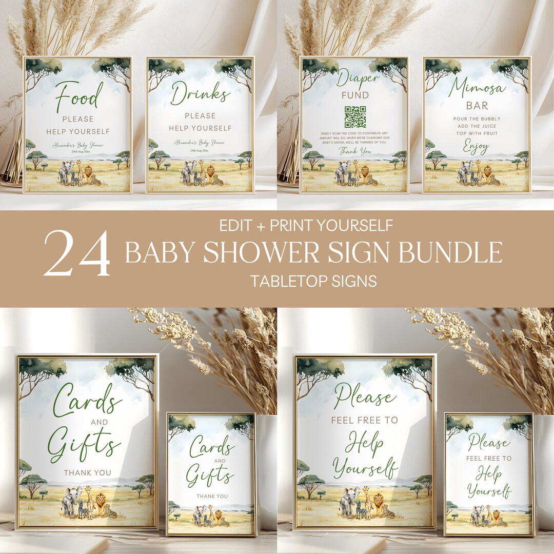 Editable Safari Baby Shower Signs Bundle - Printable Jungle Safari Sign ...