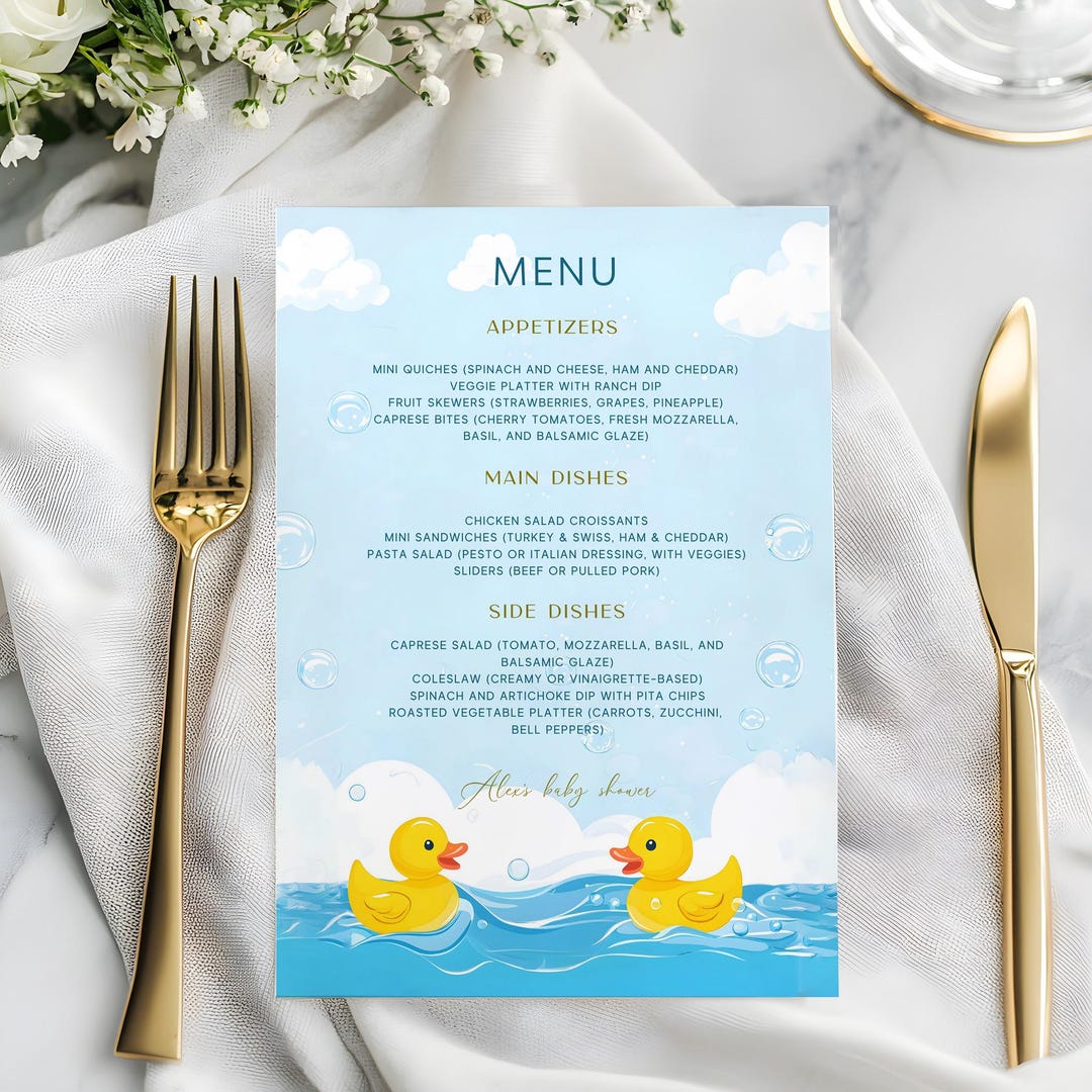 Editable Baby Menu, Rubber Duck Baby Shower Menu, Baby Shower Menu ...