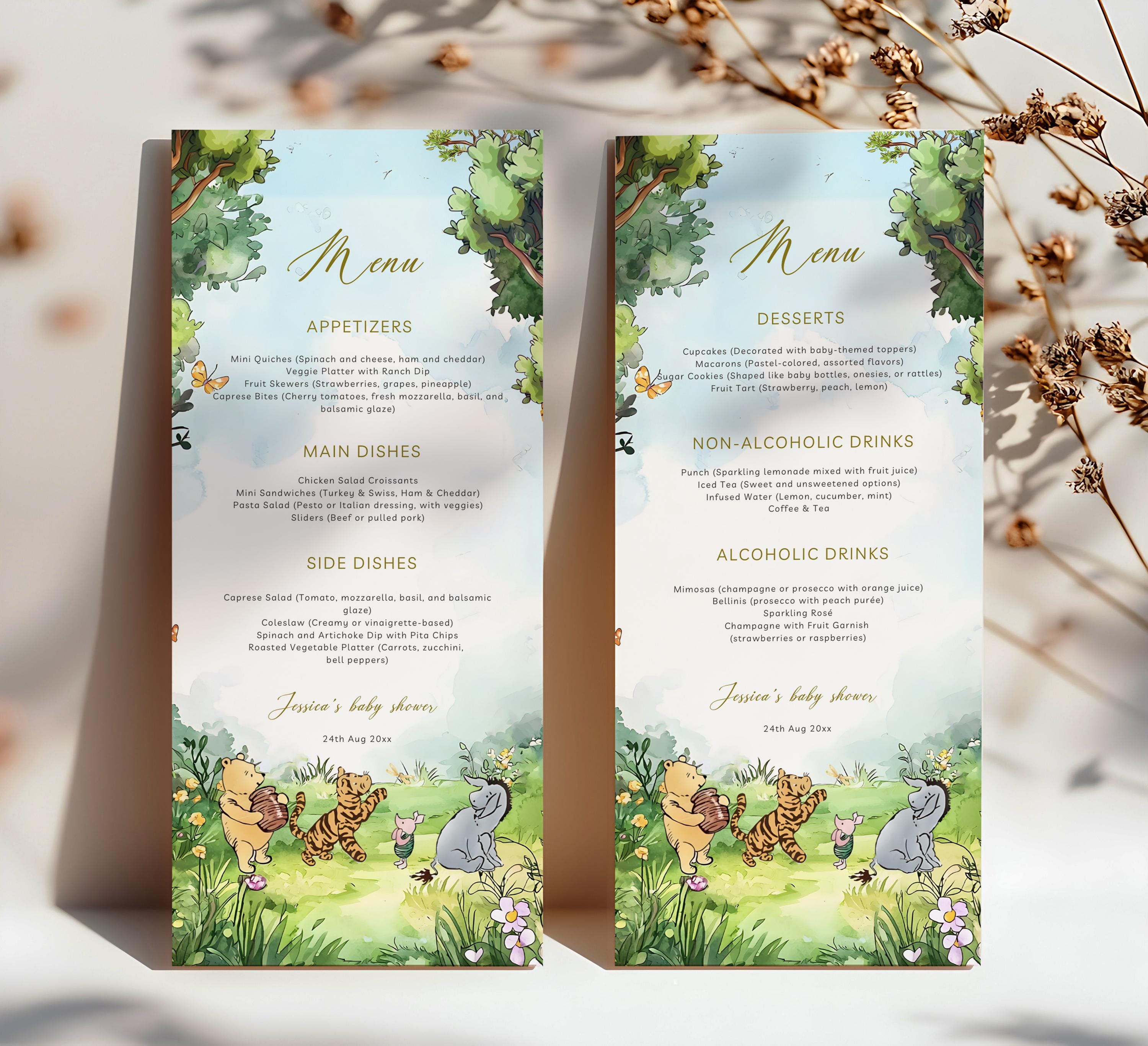 Winnie the Pooh Menus – Classic Pooh Bear Watercolor Template, Gender ...