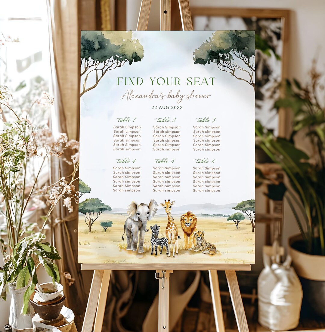 Editable Safari Baby Shower Seating Chart Template - Safari Animal Seat ...
