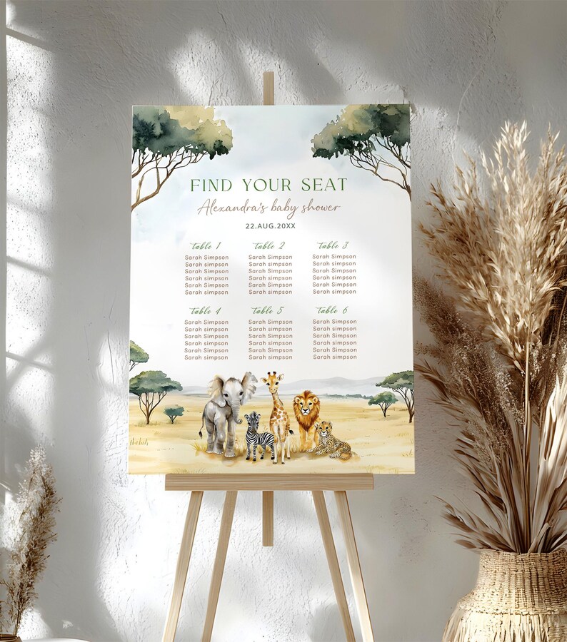 Editable Safari Baby Shower Seating Chart Template - Safari Animal Seat ...