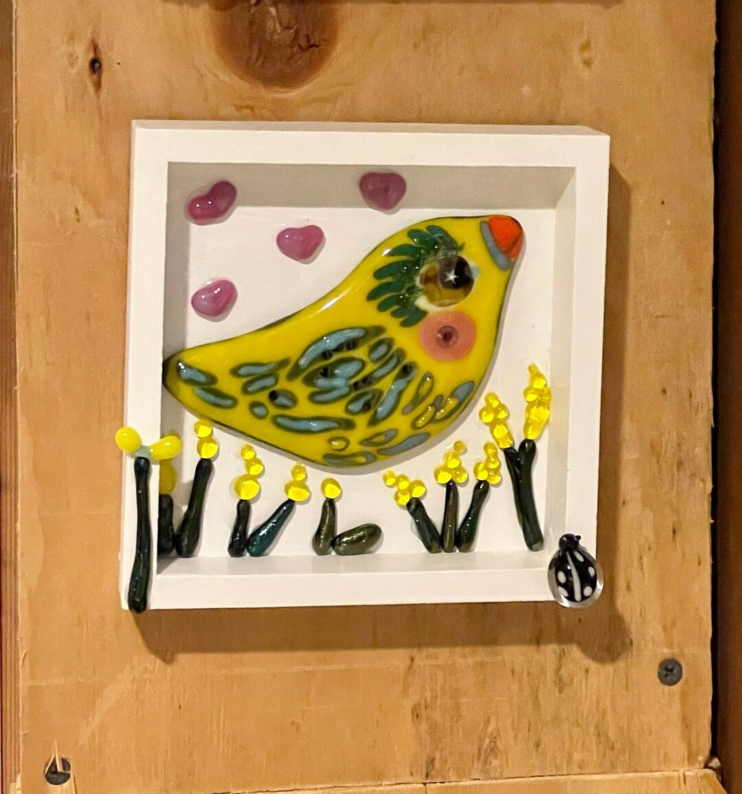Whimsical Fused Glass Bird in Wood Shadow Box With Flower Accents - Etsy