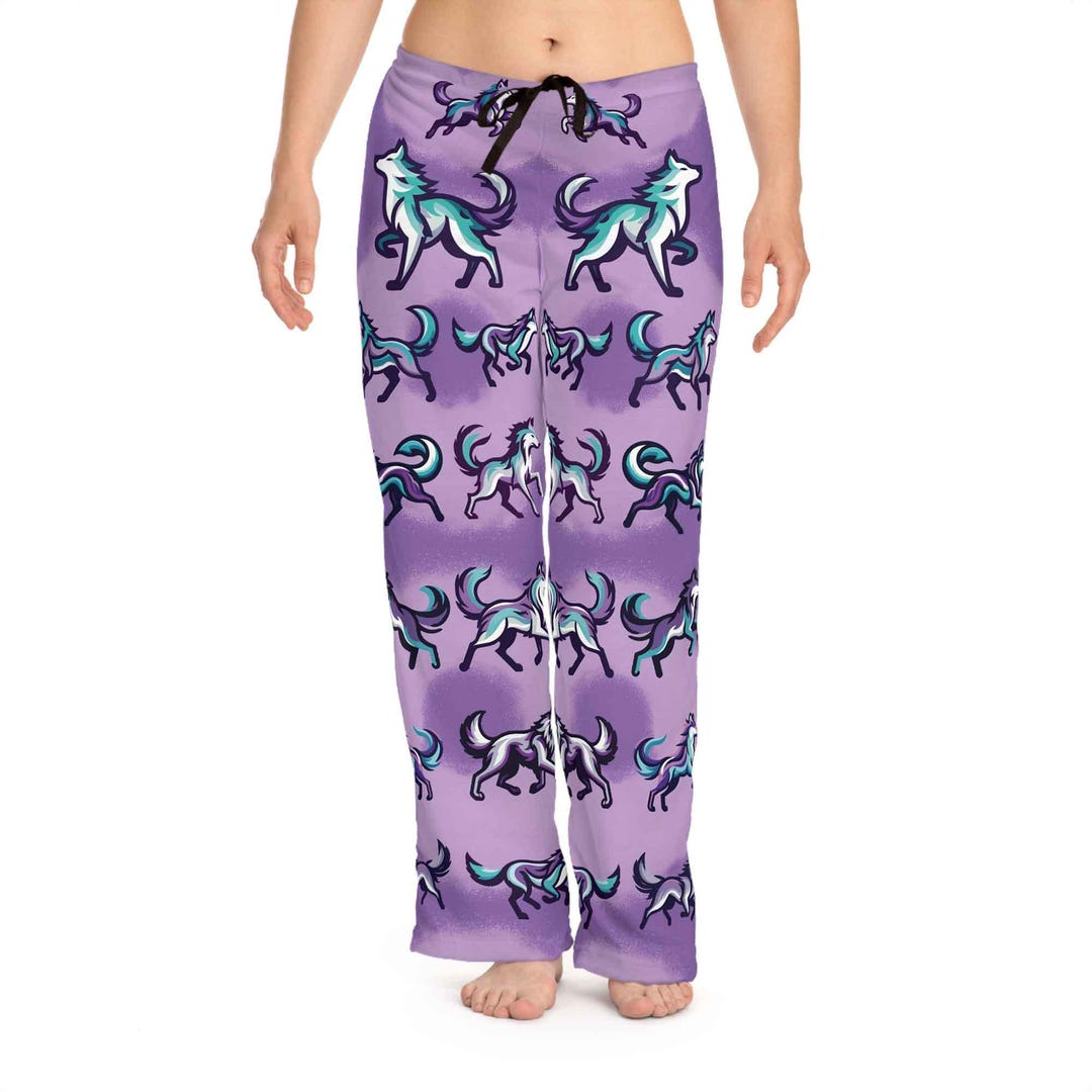 Purple Wolves Women's Pajama Pants, Unique Wolf Print Pjs, Faded Bright ...