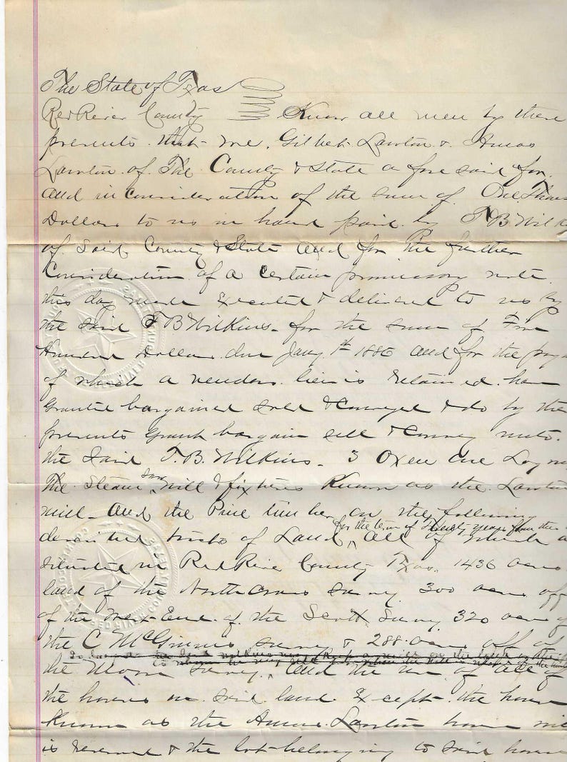 Original Handwritten 1884 Bill of Sale for Livestock and Land Red River ...