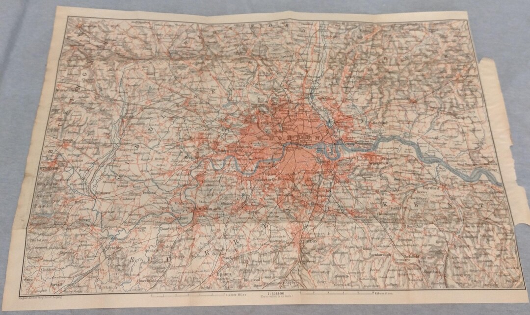 Original 1910 Baedeker Travel Guide Map of London and Surrounding Areas ...