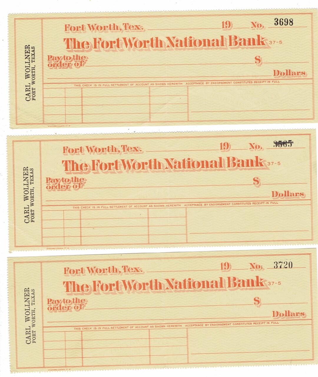 Three Vintage Blank Checks the Fort Worth National Bank Carl Wollner ...