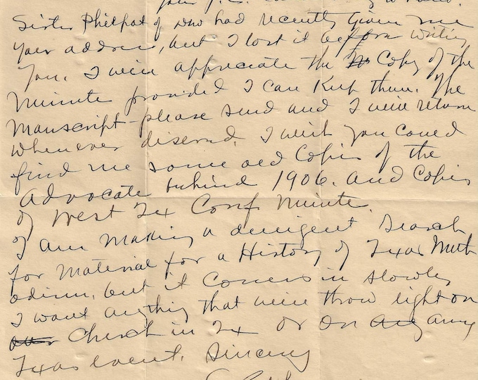 Handwritten 1908 Letter by Old West Figure, Methodist Minister and ...