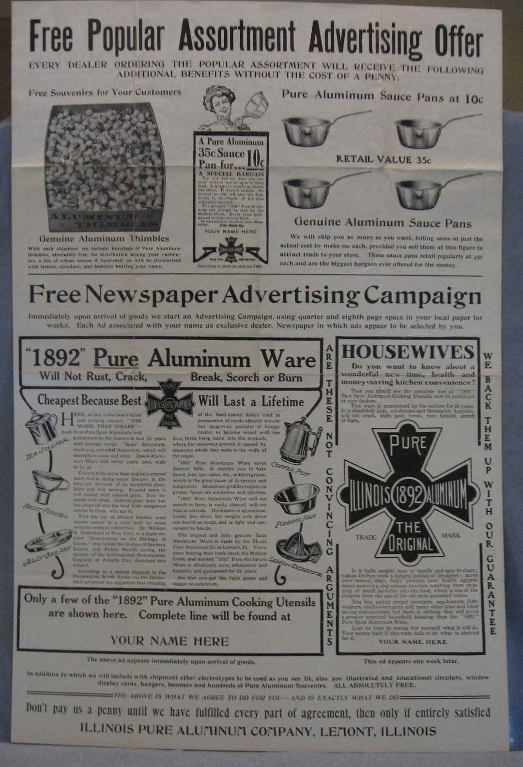 Original 1890s Early 1900s Advertising Poster "illinois Pure Aluminum ...