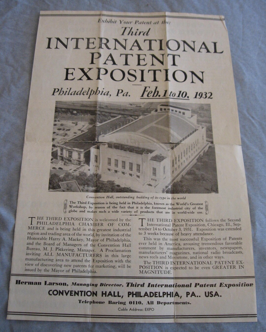 Original Informational Flyer for 1932 Third International Patent ...